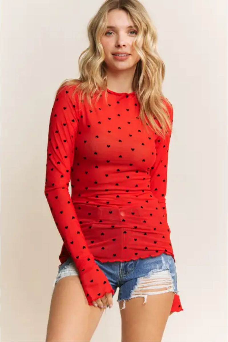 Red Heart Flocked Mesh Long Sleeve Top – The Boutique